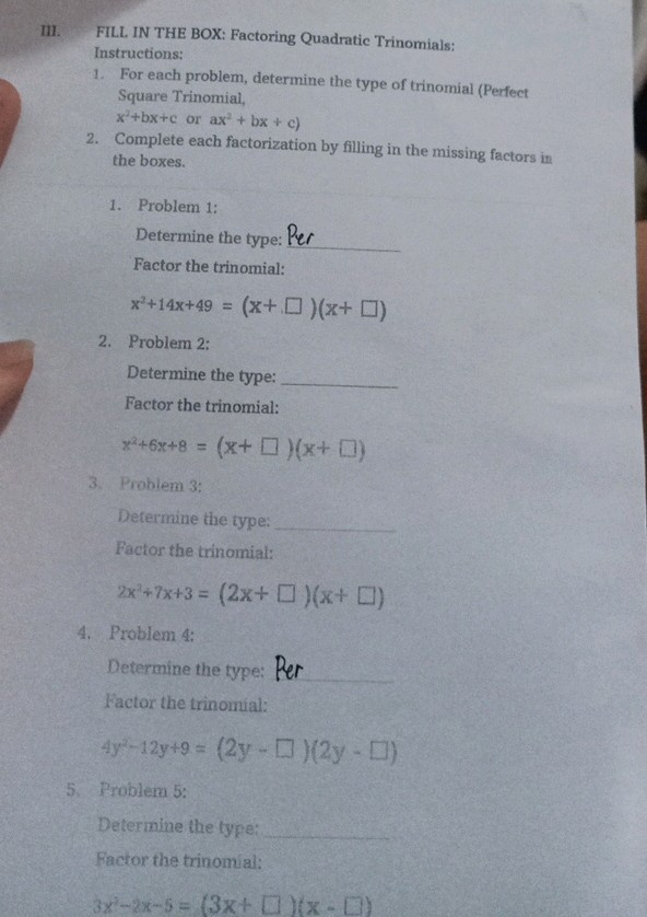 III FILL IN THE BOX Factoring Quadratic | StudyX