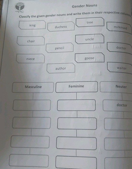 Gender Nouns Classify the given gender | StudyX