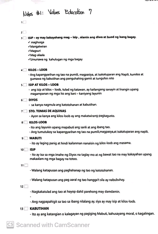 Notes Values Education 7 1 2 3 ISIP - ay | StudyX
