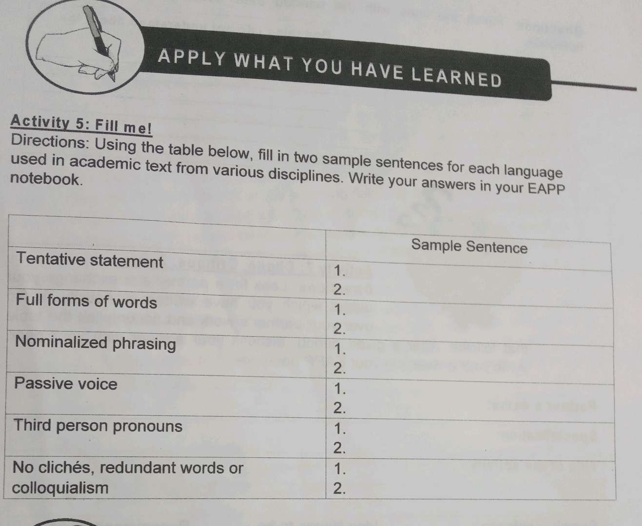 APPLY WHAT YOU HAVE LEARNED Activity 5 Fill | StudyX