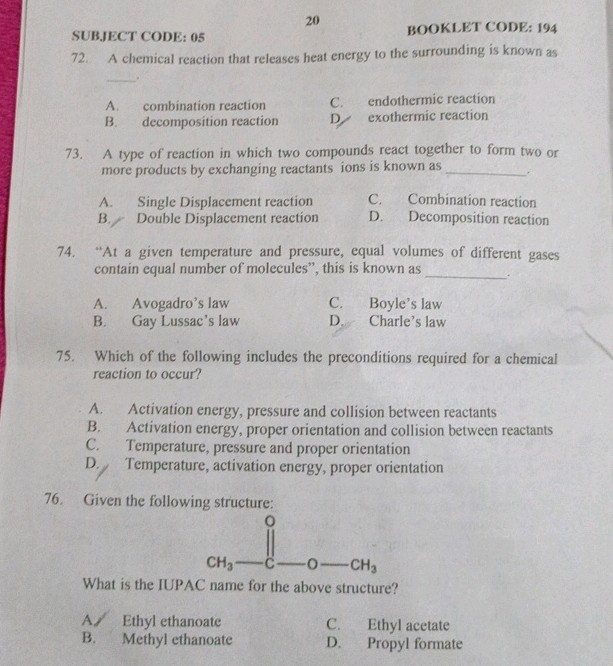 SUBJECT CODE 05 20 BOOKLET CODE 194 72 A | StudyX