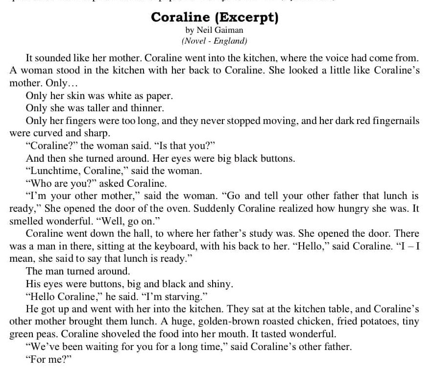 Coraline (Excerpt) by Neil Gaiman (Novel - | StudyX