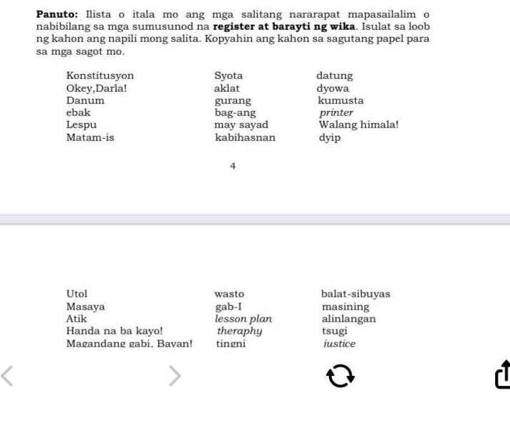 Panuto Ilista o itala mo ang mga salitang | StudyX