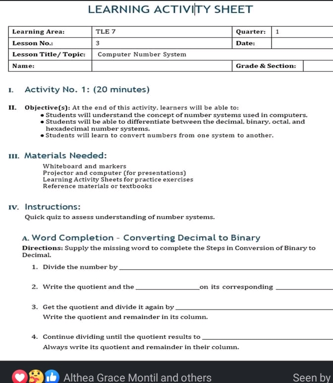 LEARNING ACTIVITY SHEET Learning Area TLE | StudyX