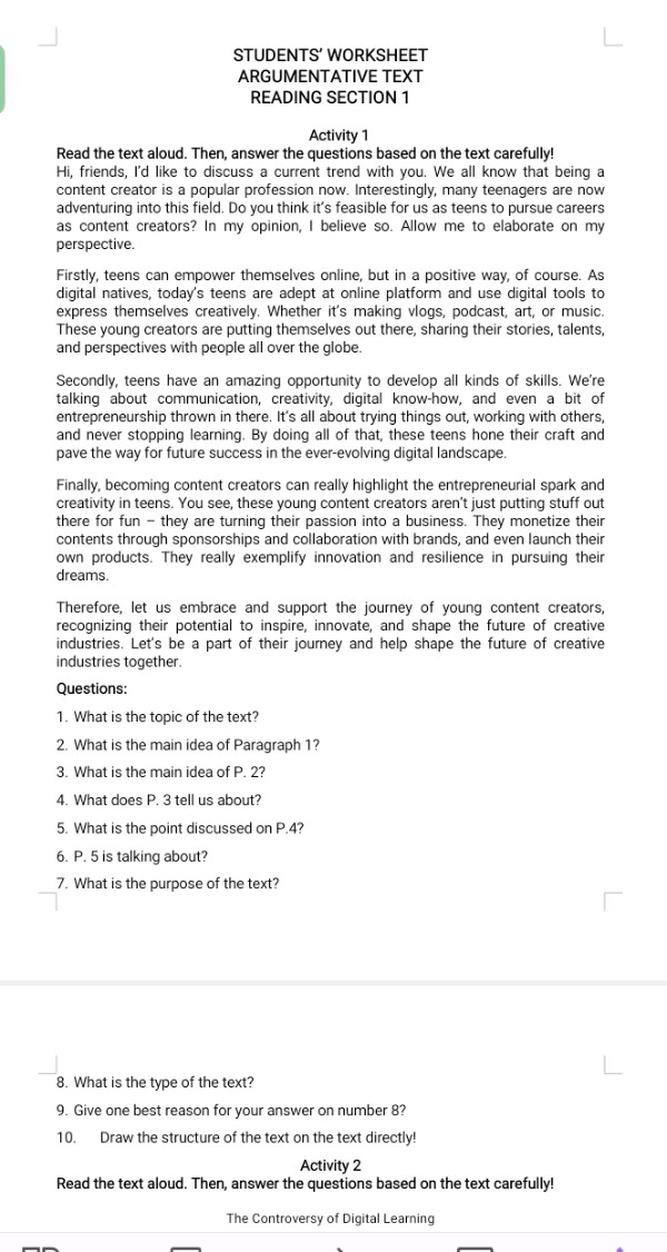 STUDENTS WORKSHEET ARGUMENTATIVE TEXT | StudyX