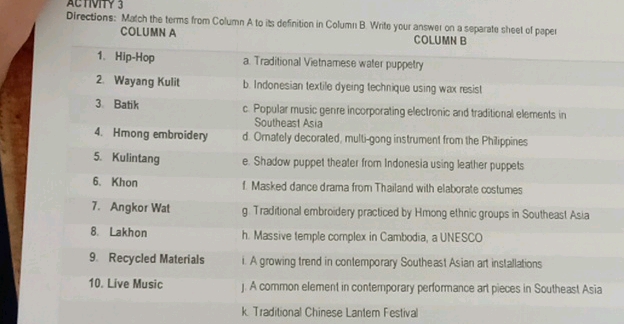 ACTIVITY 3 Directions Match the terms from | StudyX