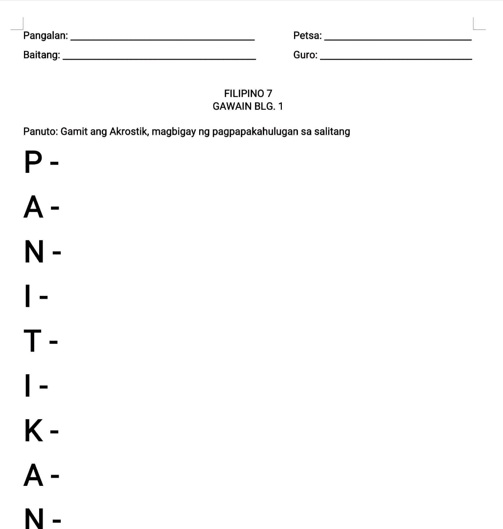 Pangalan Petsa Baitang Guro FILIPINO 7 | StudyX