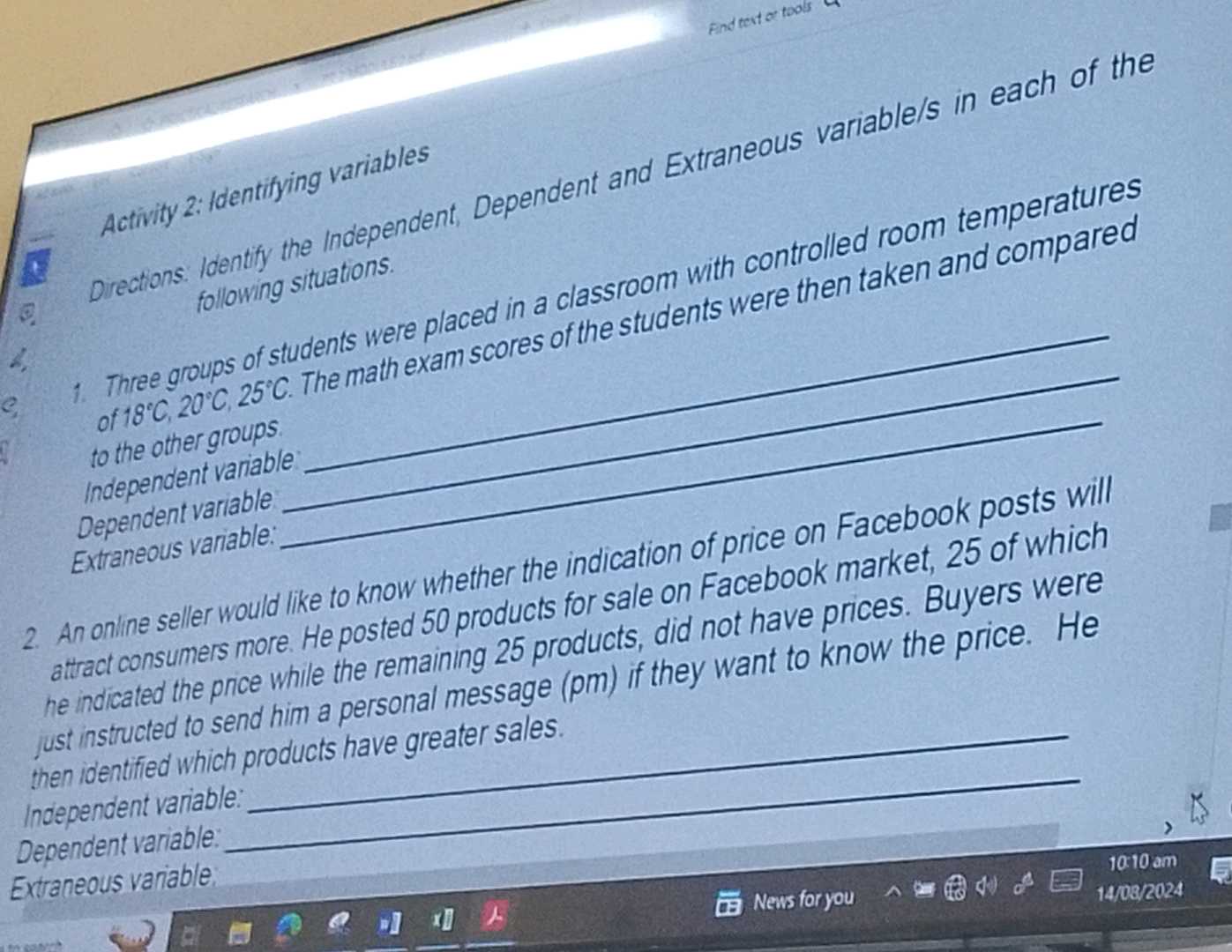 Activity 2 Identifying variables 1 Three | StudyX