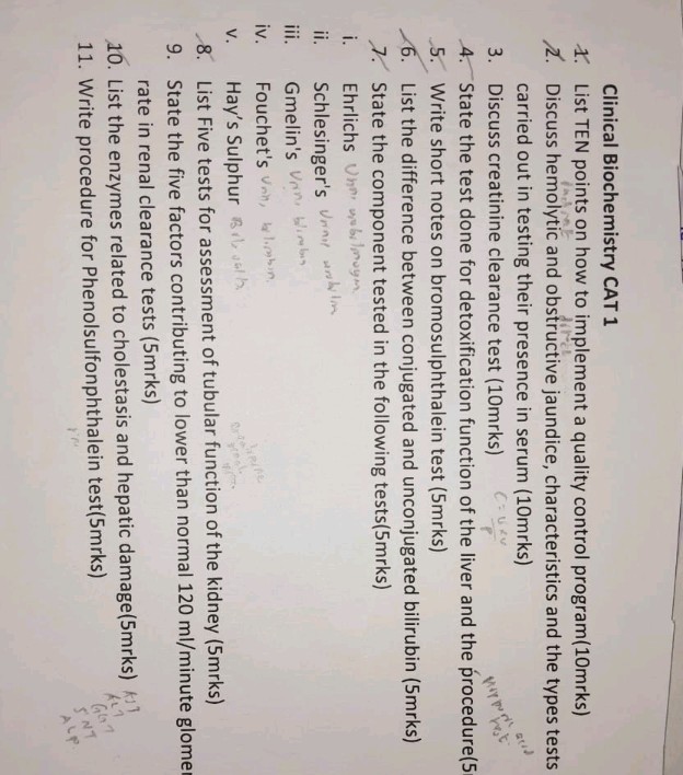 Clinical Biochemistry CAT 1 1 List TEN | StudyX