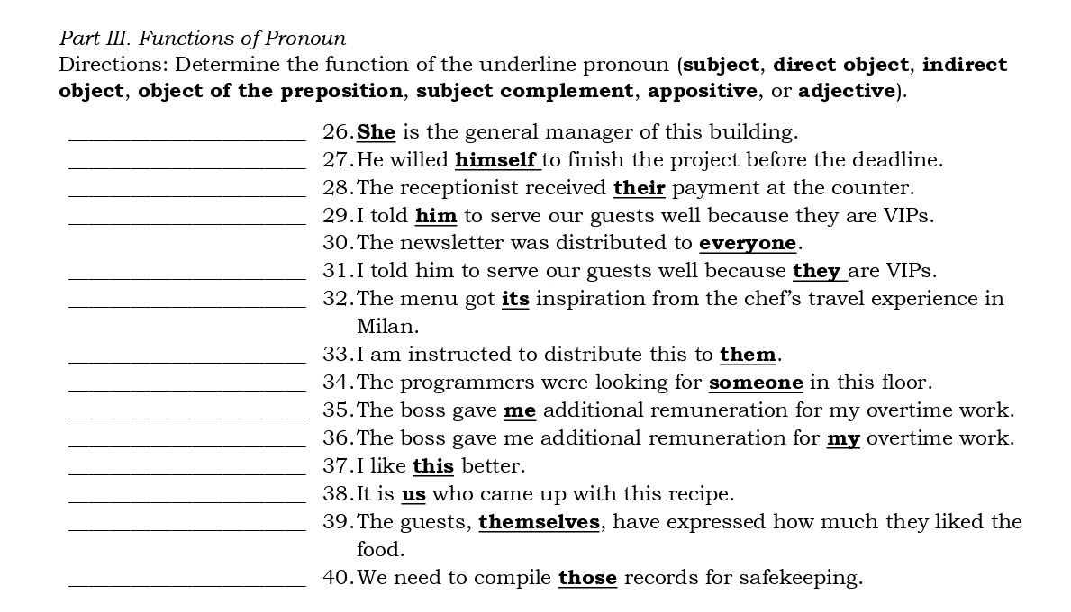 Part III Functions of Pronoun Directions | StudyX