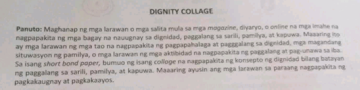 DIGNITY COLLAGE Panuto Maghanap ng mga | StudyX