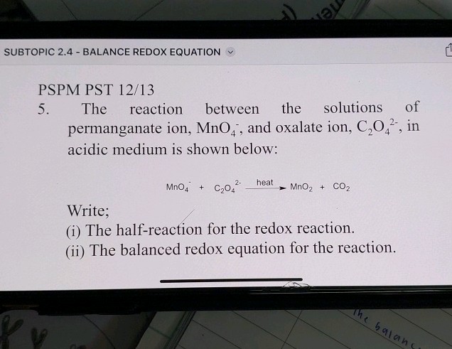 SUBTOPIC 24 - BALANCE REDOX EQUATION PSPM | StudyX