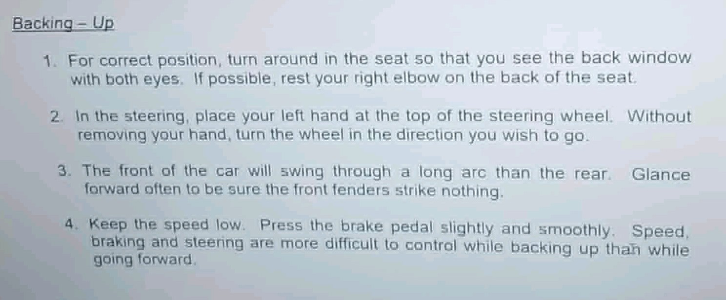 Backing - Up 1 For correct position turn | StudyX