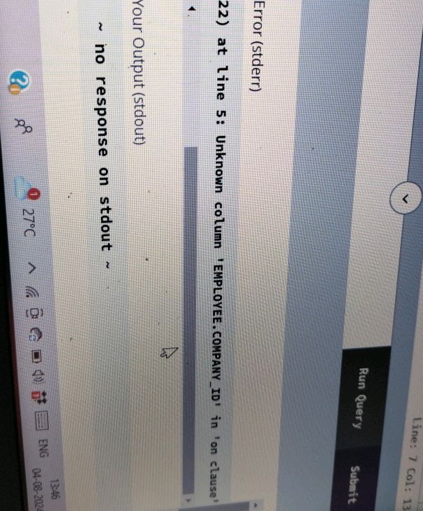 Error (stderr) 22) at line 5 Unknown column | StudyX