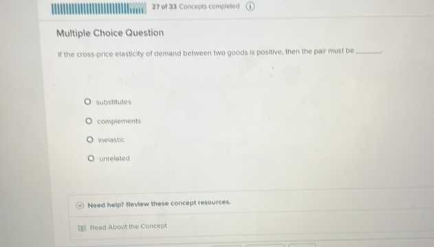27 of 33 Concepts completed Multiple Choice | StudyX