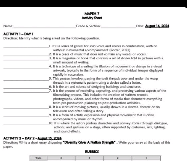 MAPEH 7 Activity Sheet Name Grade Section | StudyX