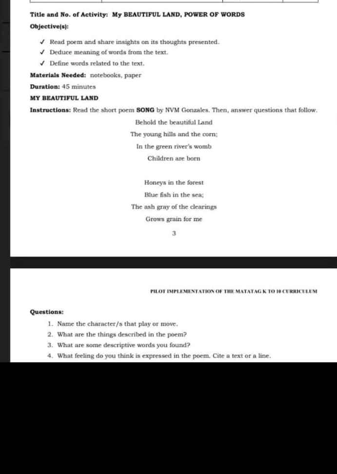 Title and No of Activity My BEAUTIFUL LAND | StudyX