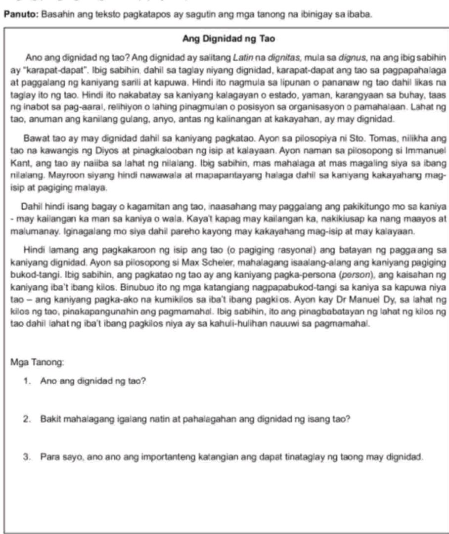 Panuto Basahin ang teksto pagkatapos ay | StudyX