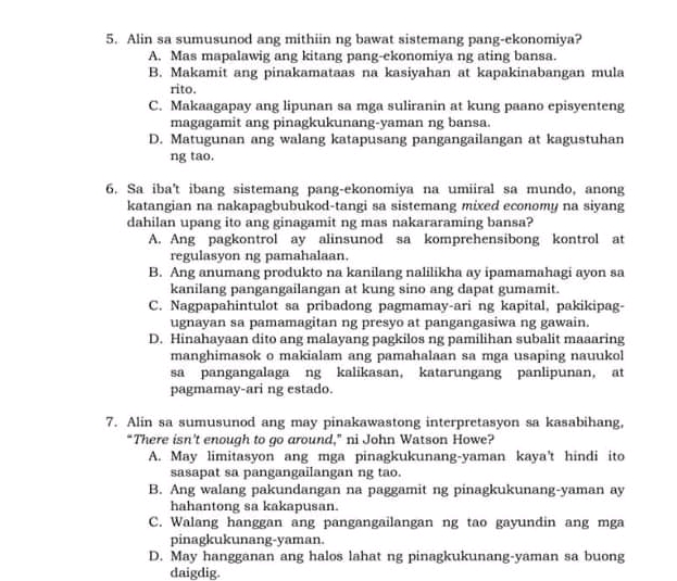 5 Alin sa sumusunod ang mithiin ng bawat | StudyX