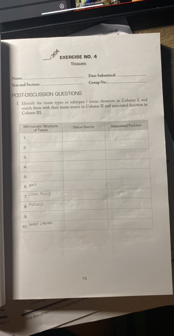 EXERCISE NO 4 Tissues Name Year and | StudyX