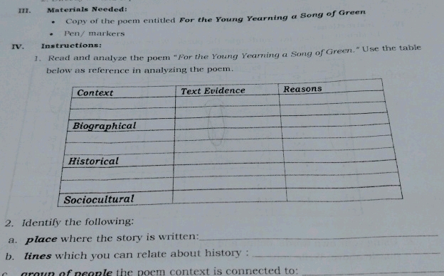 III Materials Needed - Copy of the poem | StudyX