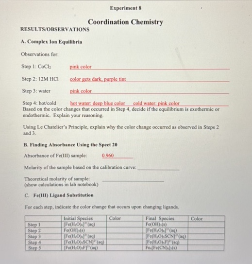 Experiment 8 Coordination Chemistry | StudyX