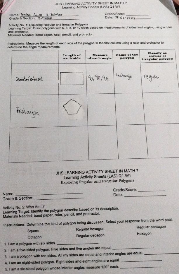 JHS LEARNING ACTIVITY SHEET IN MATH 7 | StudyX