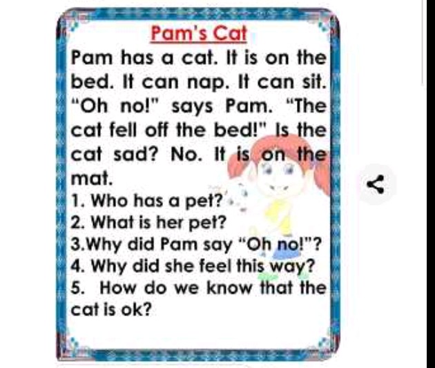 Pams Cat Pam has a cat It is on the bed It