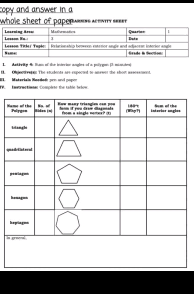 copy and answer in a whole sheet of | StudyX