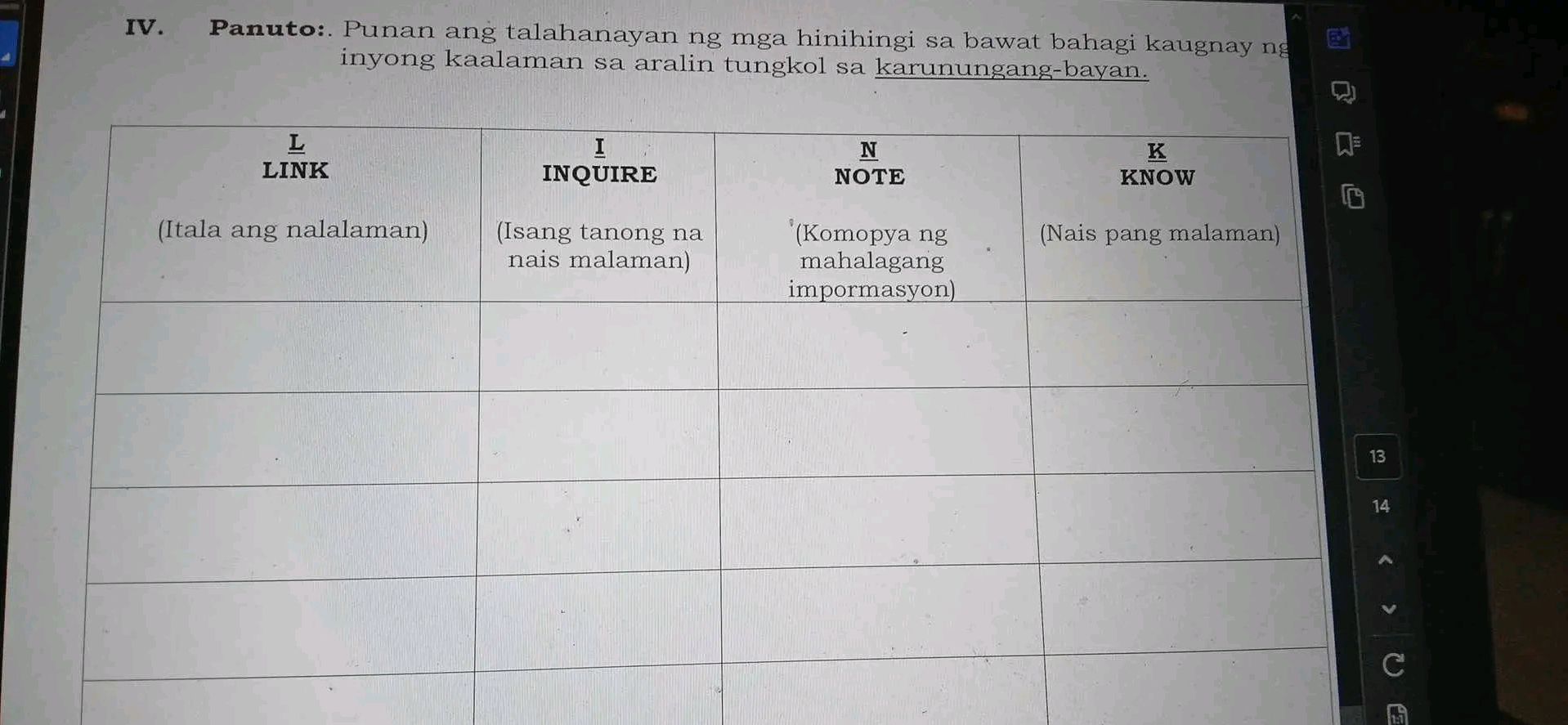 IV Panuto Punan ang talahanayan ng mga | StudyX