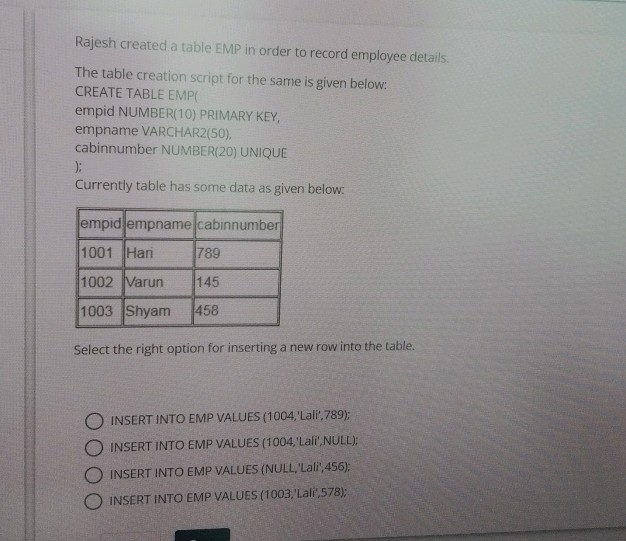 Rajesh created a table EMP in order to | StudyX