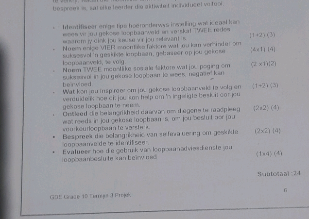 bespreek is sal elke leerder die aktiwiteit | StudyX