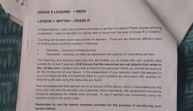 GRADE R LESSONS - 1 WEEK LESSON 1 MFP1501 - | StudyX