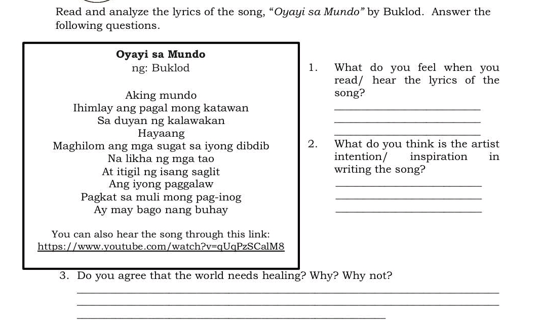 Read and analyze the lyrics of the song | StudyX