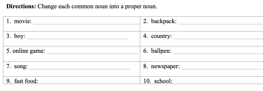 Directions Change each common noun into a | StudyX