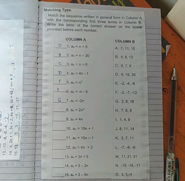 Matching Type Match the sequence written in | StudyX