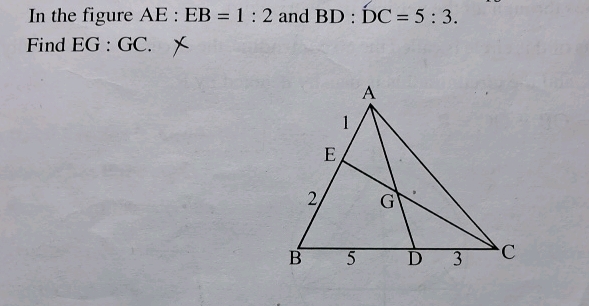 In the figure AE EB=1 2 and BD DC=5 3 Find | StudyX