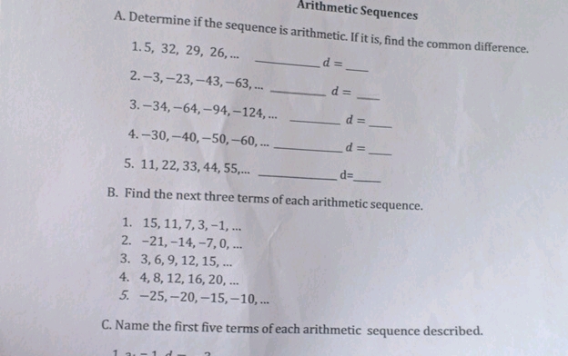 Arithmetic Sequences A Determine if the | StudyX