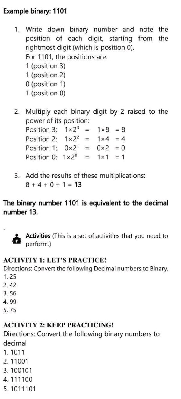 Example binary 1101 1 Write down binary | StudyX