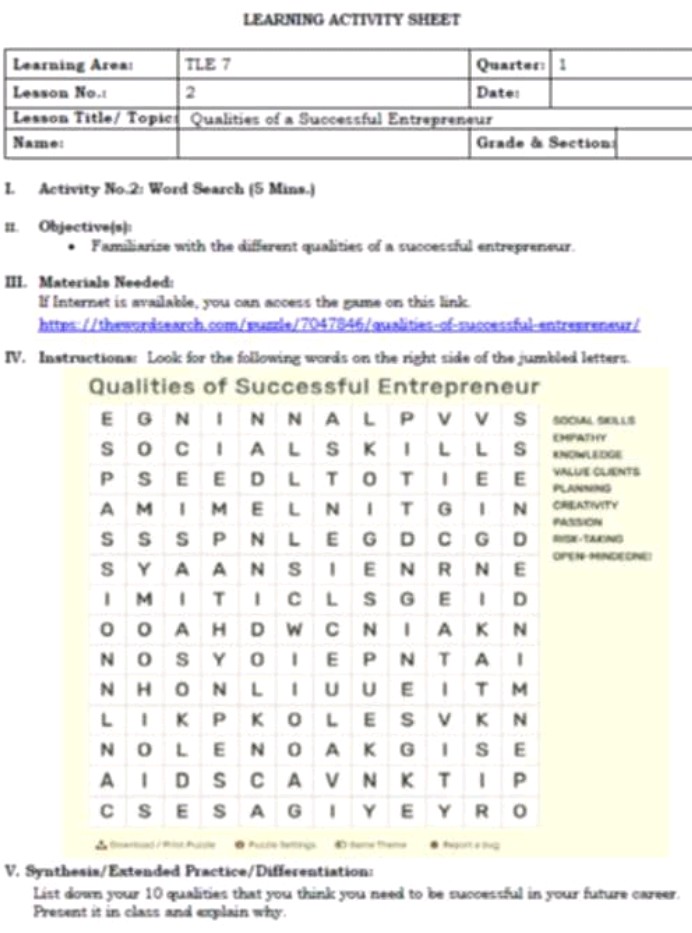LEARNING ACTIVTTY SHEET Learaing Areat | StudyX
