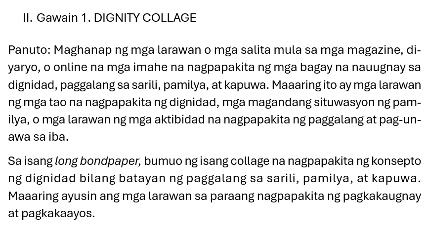 II Gawain 1 DIGNITY COLLAGE Panuto Maghanap | StudyX