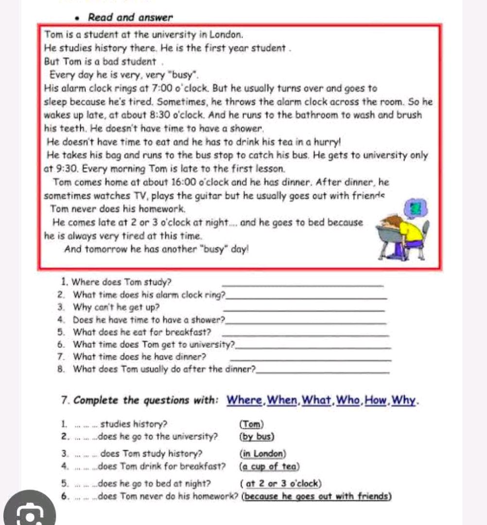 - Read and answer Tom is a student at the | StudyX