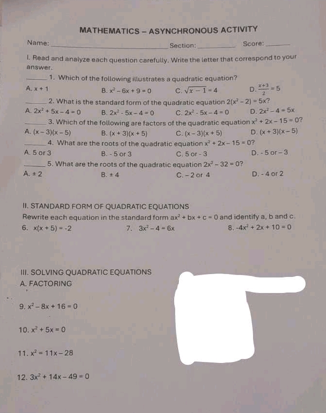 MATHEMATICS - ASYNCHRONOUS ACTIVITY Name | StudyX