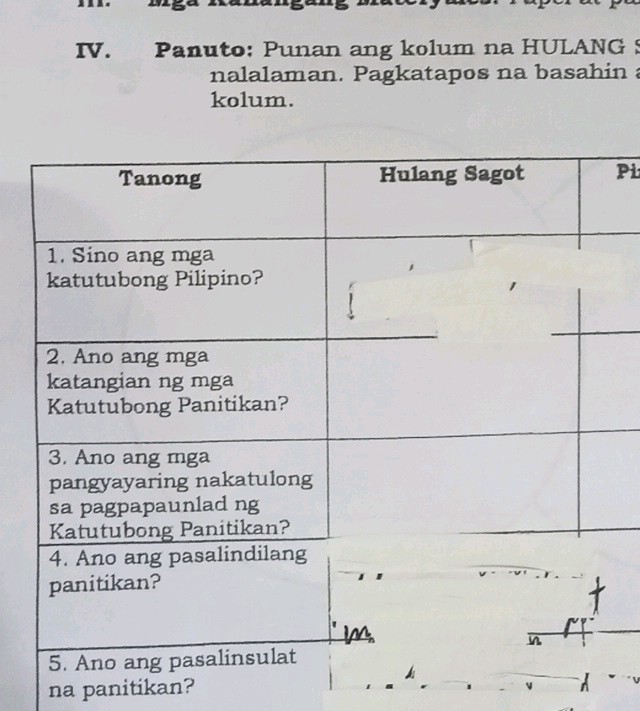 IV Panuto Punan ang kolum na HULANG | StudyX
