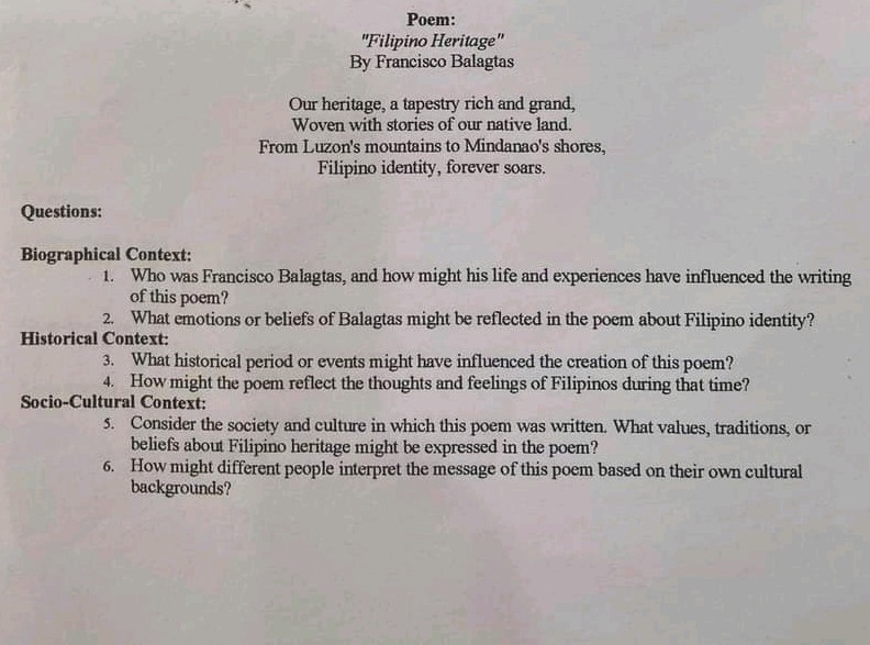 Poem Filipino Heritage By Francisco | StudyX