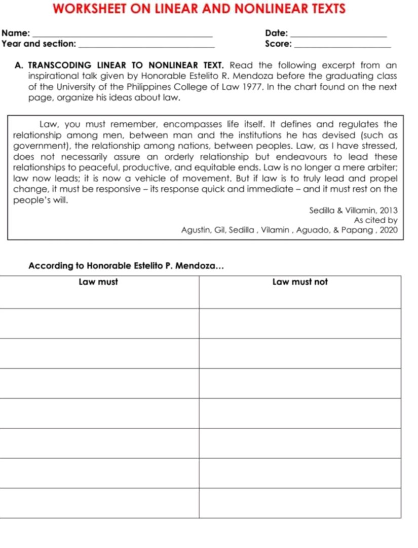 WORKSHEET ON LINEAR AND NONLINEAR TEXTS | StudyX