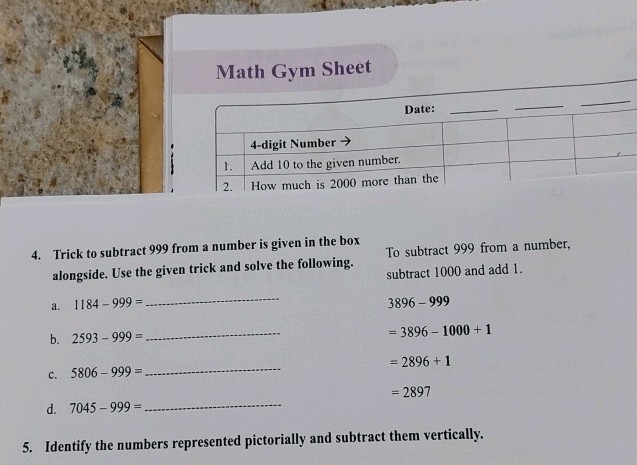 Math Gym Sheet 4 Trick to subtract 999 from | StudyX