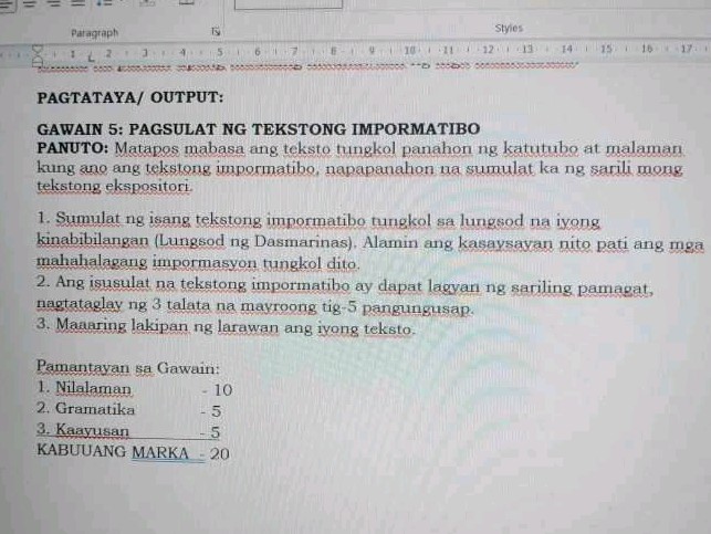 PAGTATAYA/ OUTPUT GAWAIN 5 PAGSULAT NG | StudyX