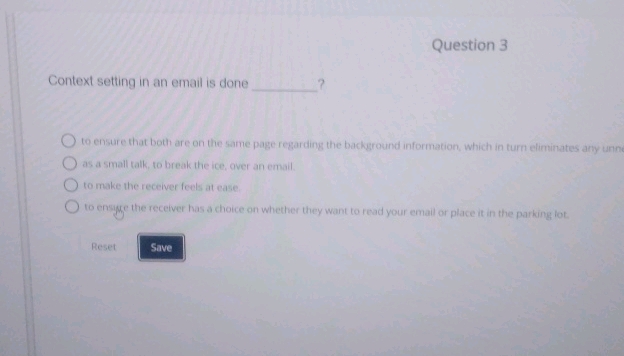Question 3 Context setting in an email is | StudyX