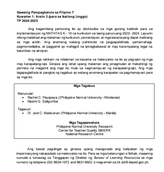 Gawaing Pampagkatuto sa Filipino 7 Kuwarter | StudyX